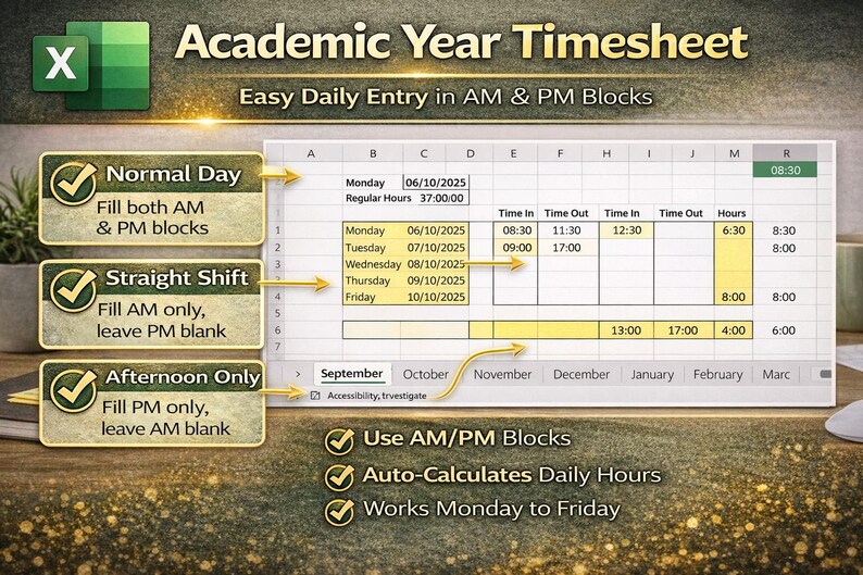 Academic Year Work Hours Tracker (excel) | Weekly Timesheet | Running ...