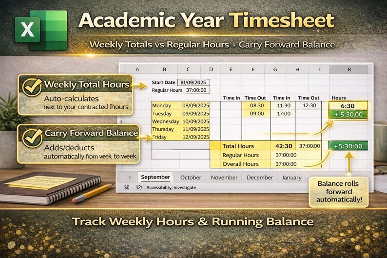Academic Year Work Hours Tracker (excel) | Weekly Timesheet | Running ...