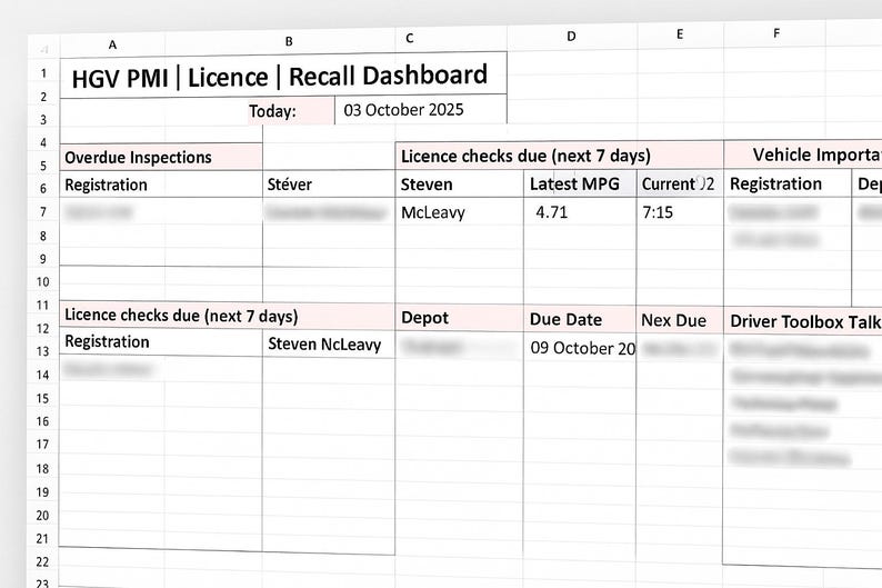 HGV Transport Compliance Excel Dashboard | PMI Calendar, Licence Checks ...