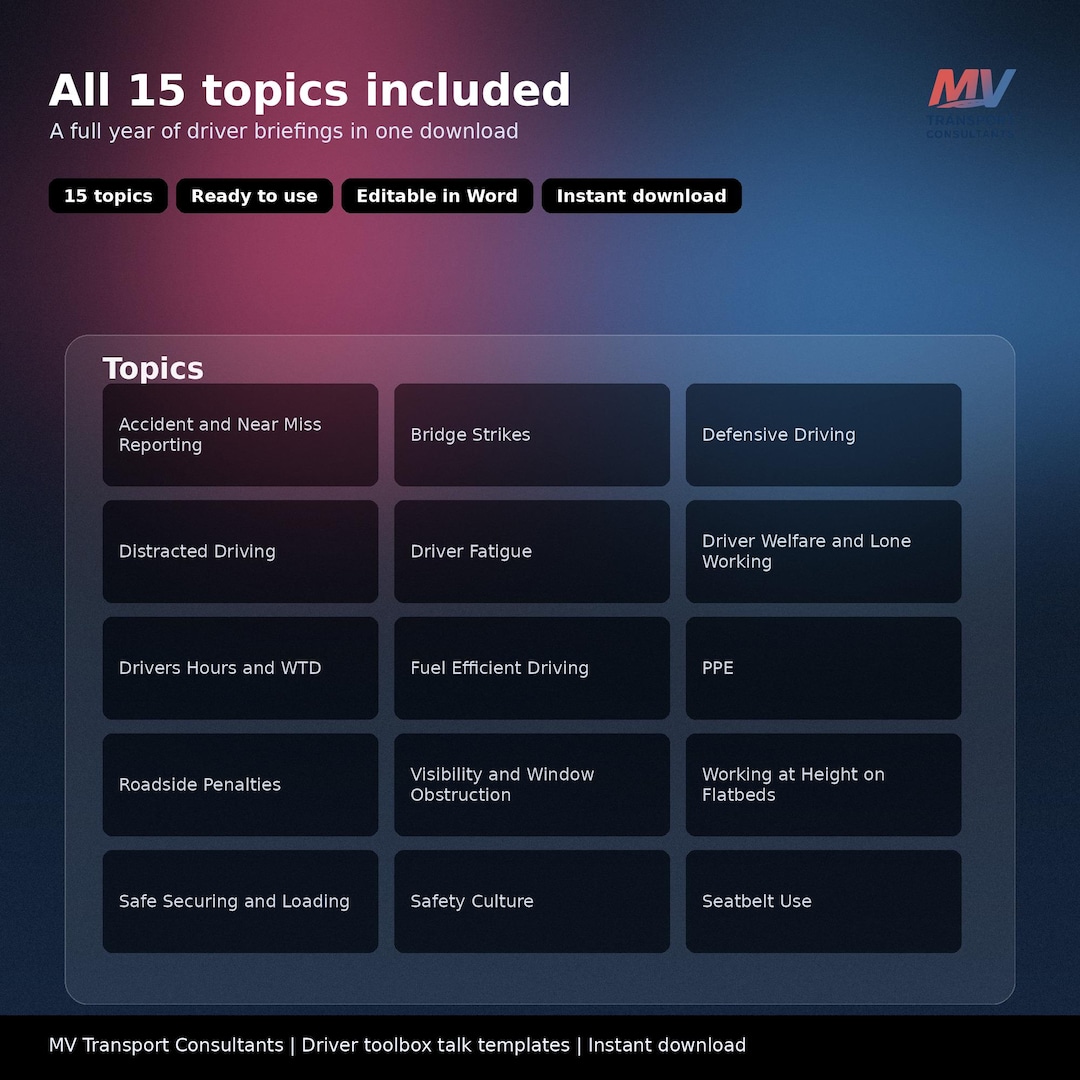 HGV Driver Toolbox Talks Mega Pack (15) | Editable Word Templates ...