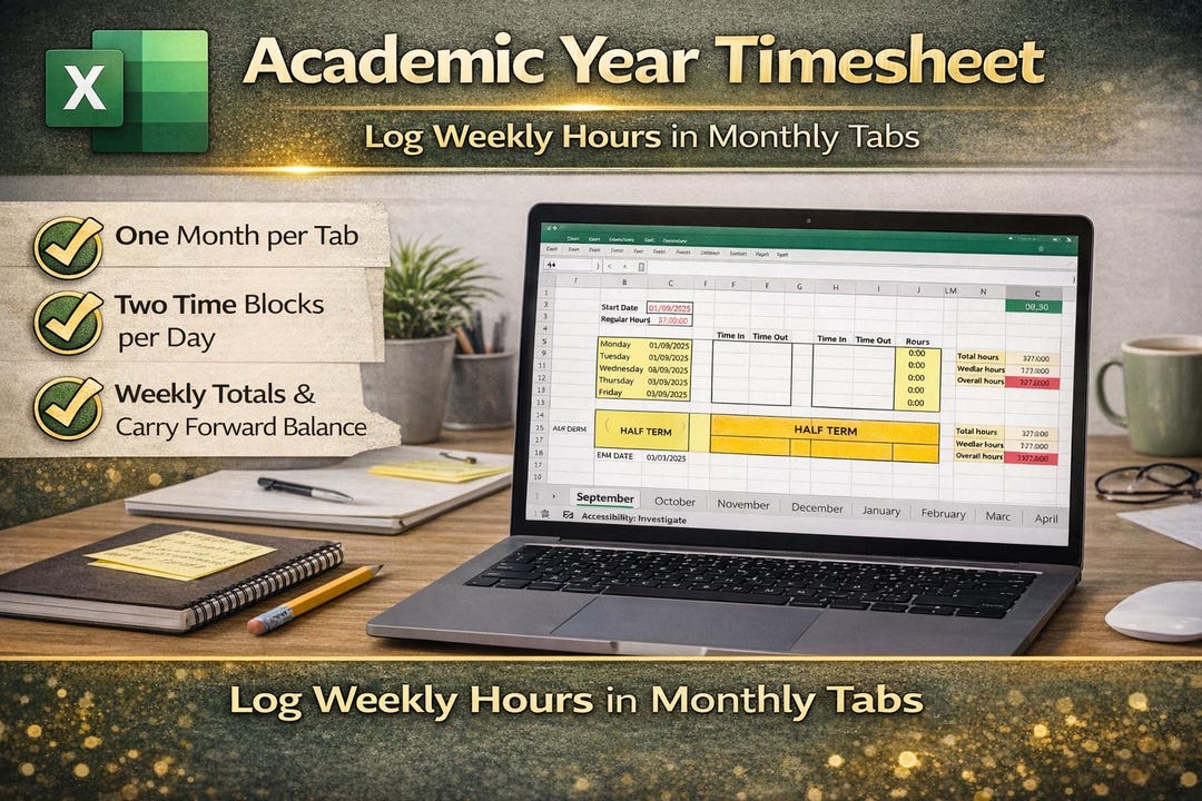 Academic Year Work Hours Tracker (excel) | Weekly Timesheet | Running ...