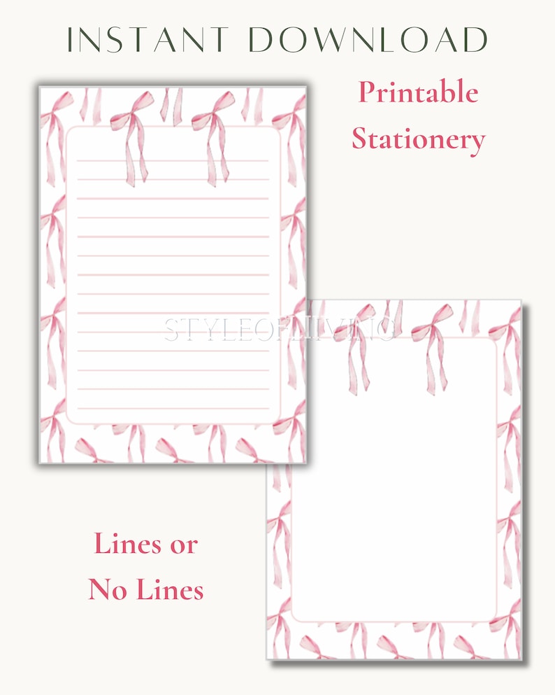 Pink Bows Border, Printable Notepad Paper, Blank Stationery, Instant ...