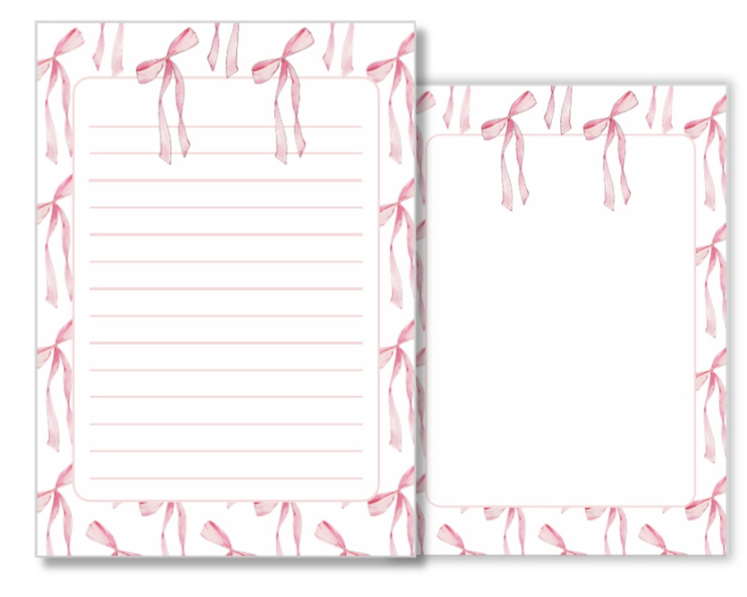Pink Bows Border, Printable Notepad Paper, Blank Stationery, Instant Download Ruled or Unruled ...