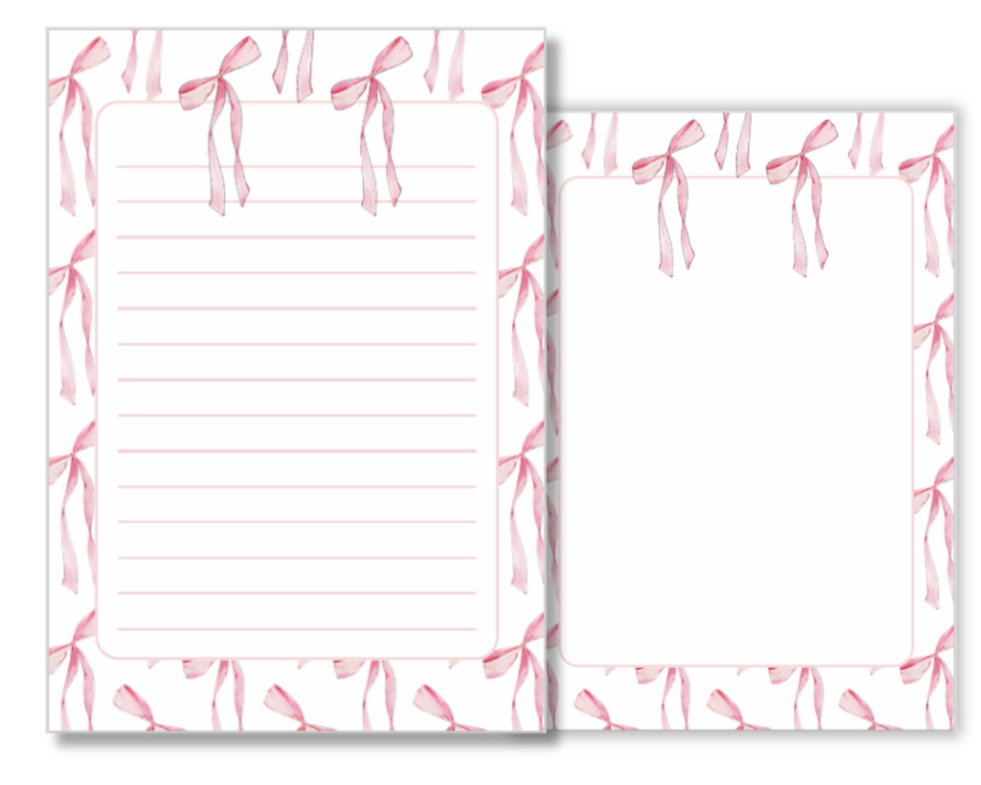 Pink Bows Border, Printable Notepad Paper, Blank Stationery, Instant ...