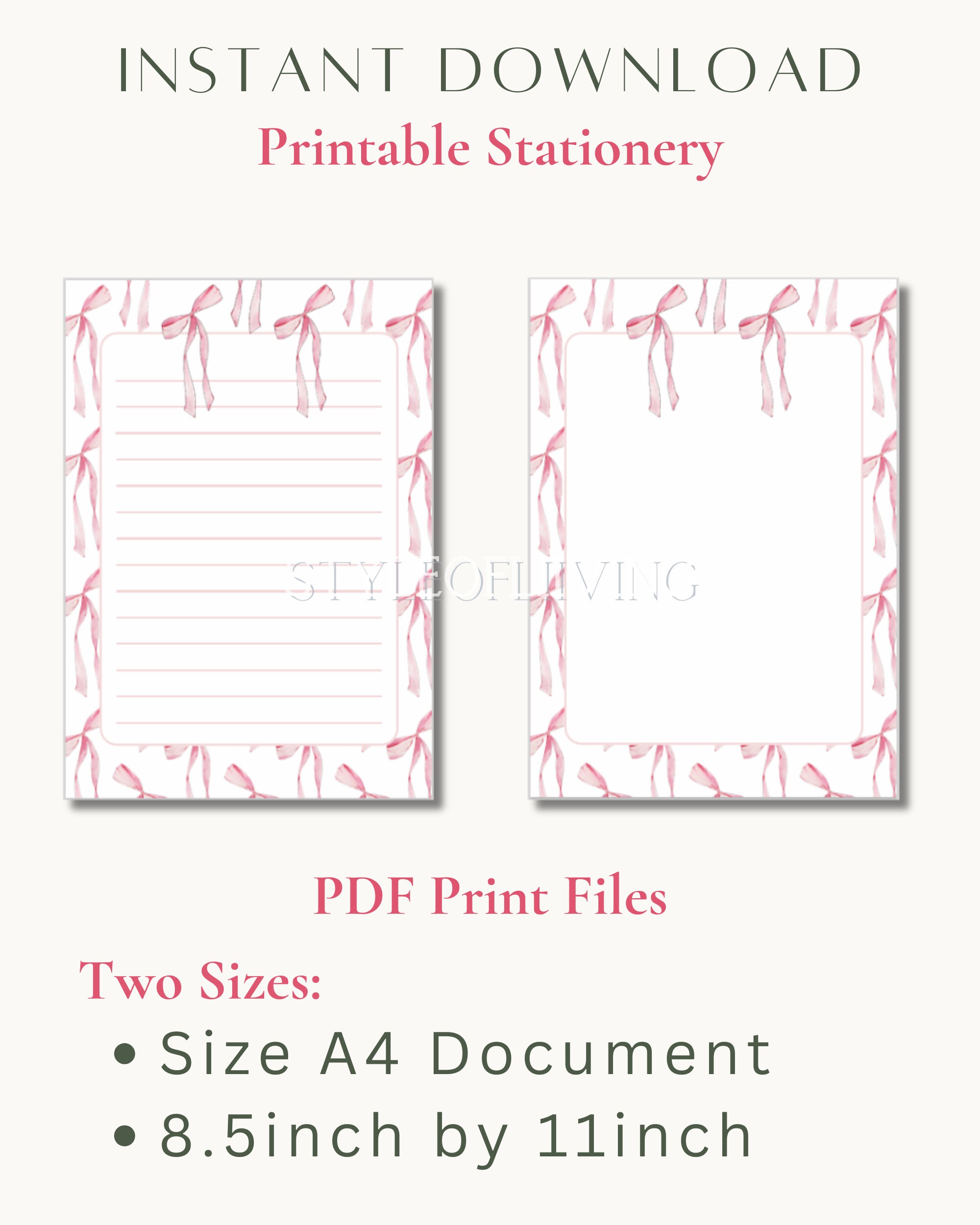 Pink Bows Border, Printable Notepad Paper, Blank Stationery, Instant ...
