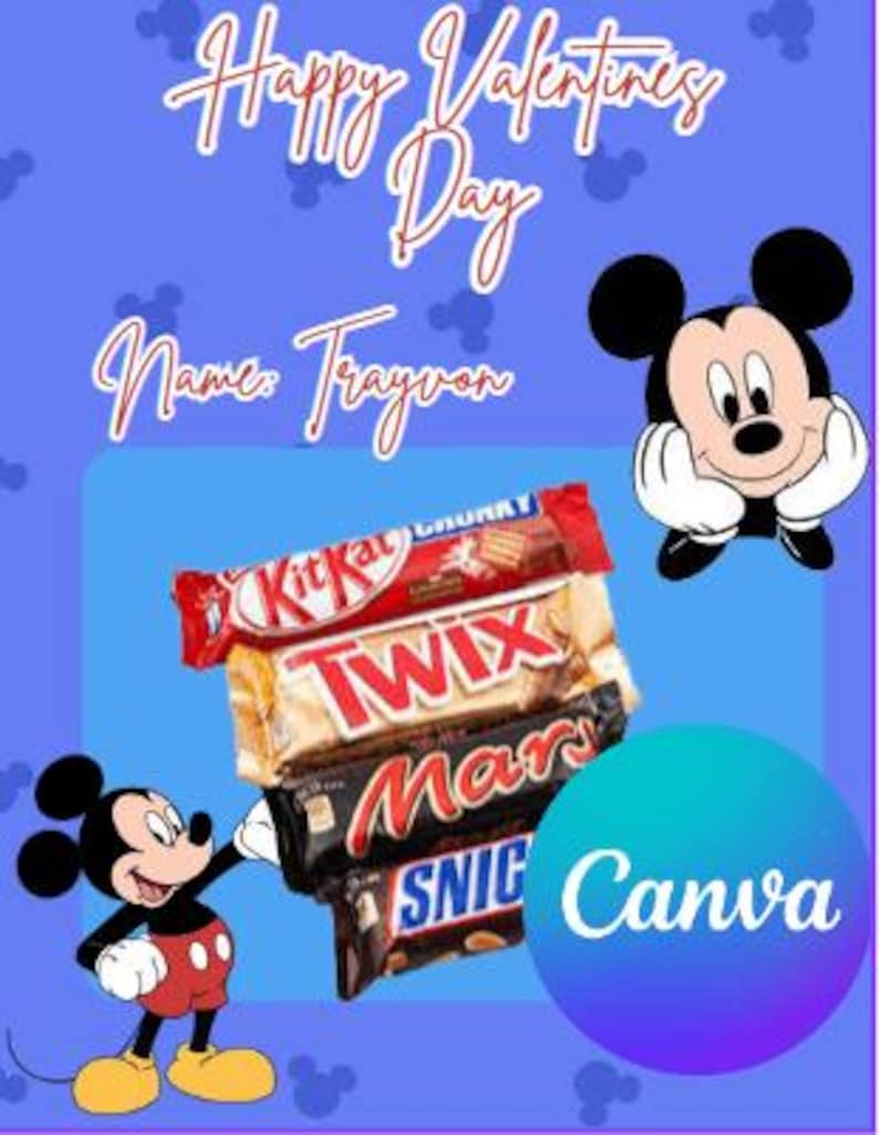 Mickey Mouse Valentines Day Printable Treat Card - Editable in Canva - Etsy