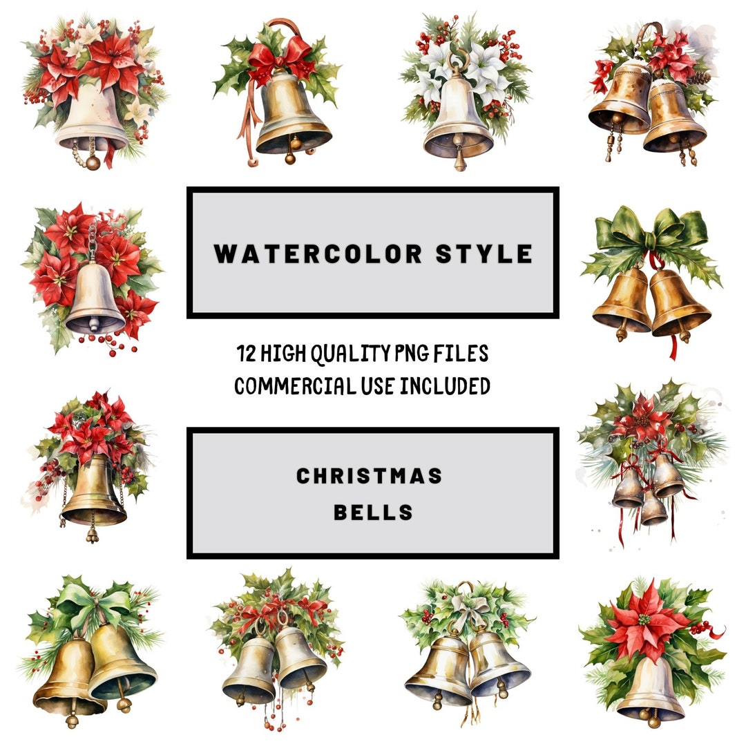Watercolor Christmas Bells Clipart, Christmas Clipart, Winter Clipart ...