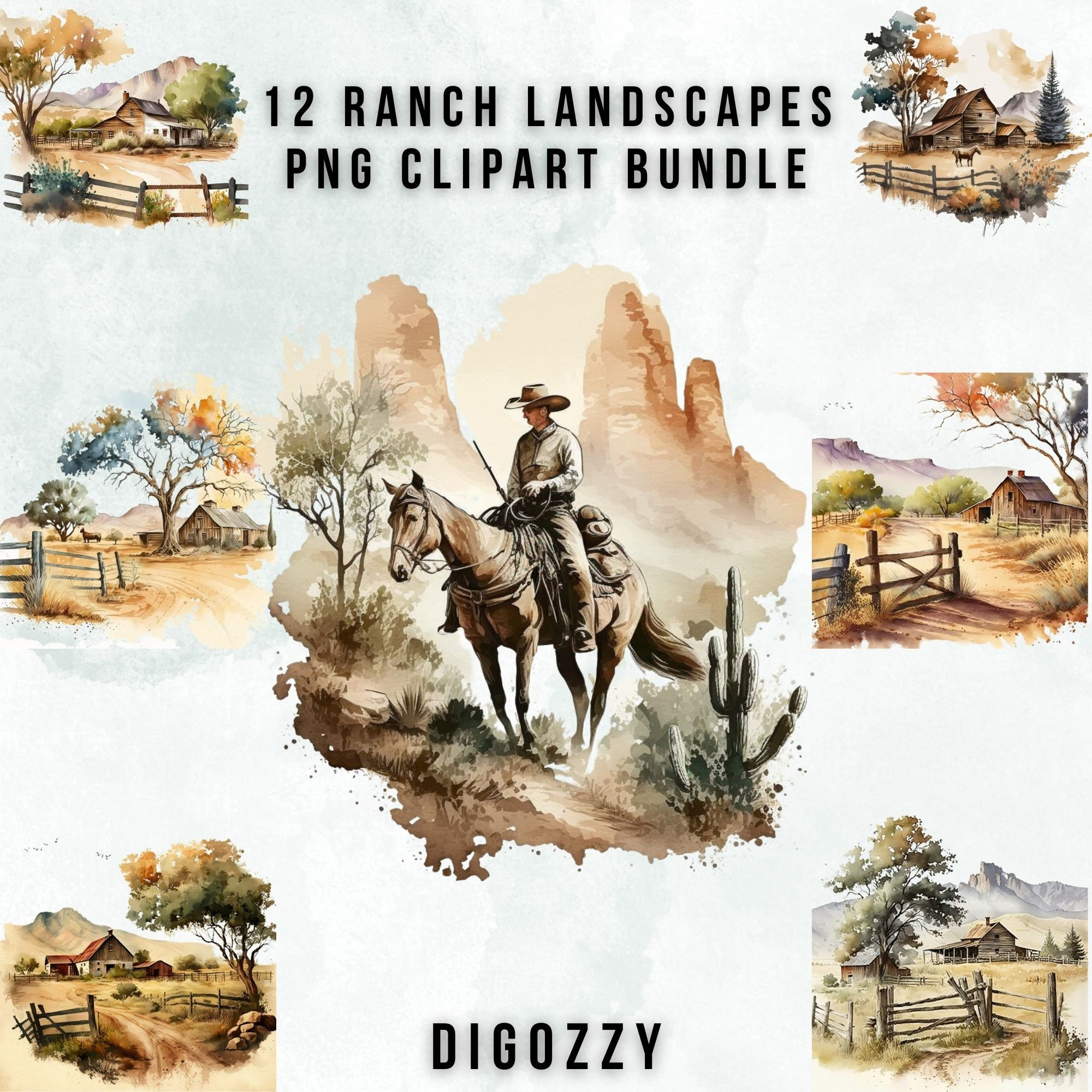 Watercolor Ranch Landscapes Clipart High-quality PNG Images - Etsy
