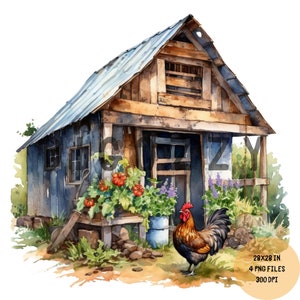 Watercolor Chicken Coop Clipart, Chicken Clipart, Watercolor Clipart ...