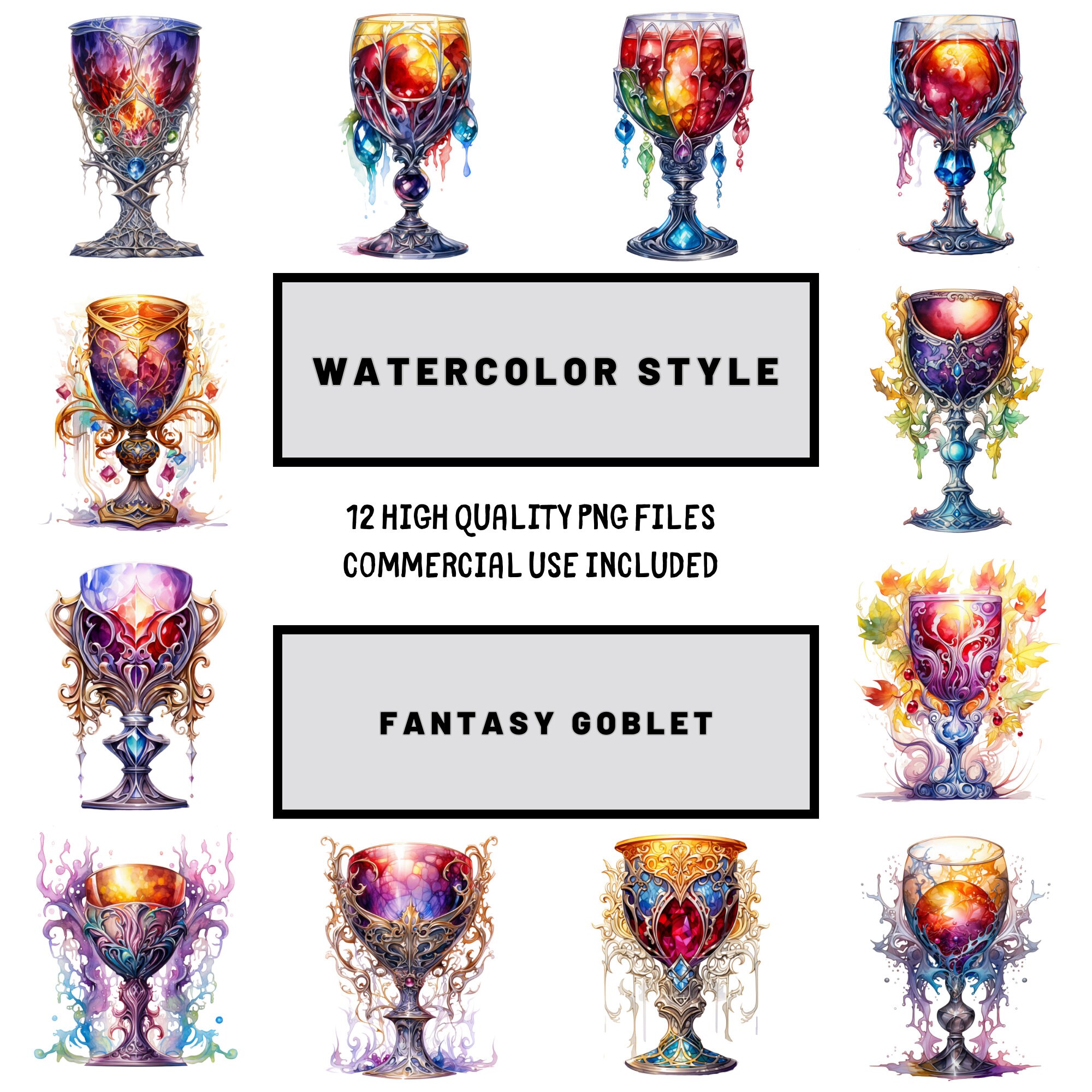 Watercolor Fantasy Goblet Clipart Golden Silver Goblets Wine - Etsy