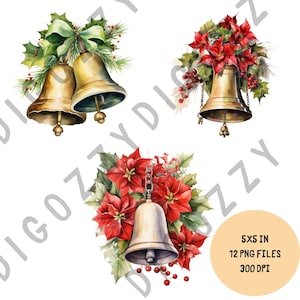 Watercolor Christmas Bells Clipart, Christmas Clipart, Winter Clipart ...