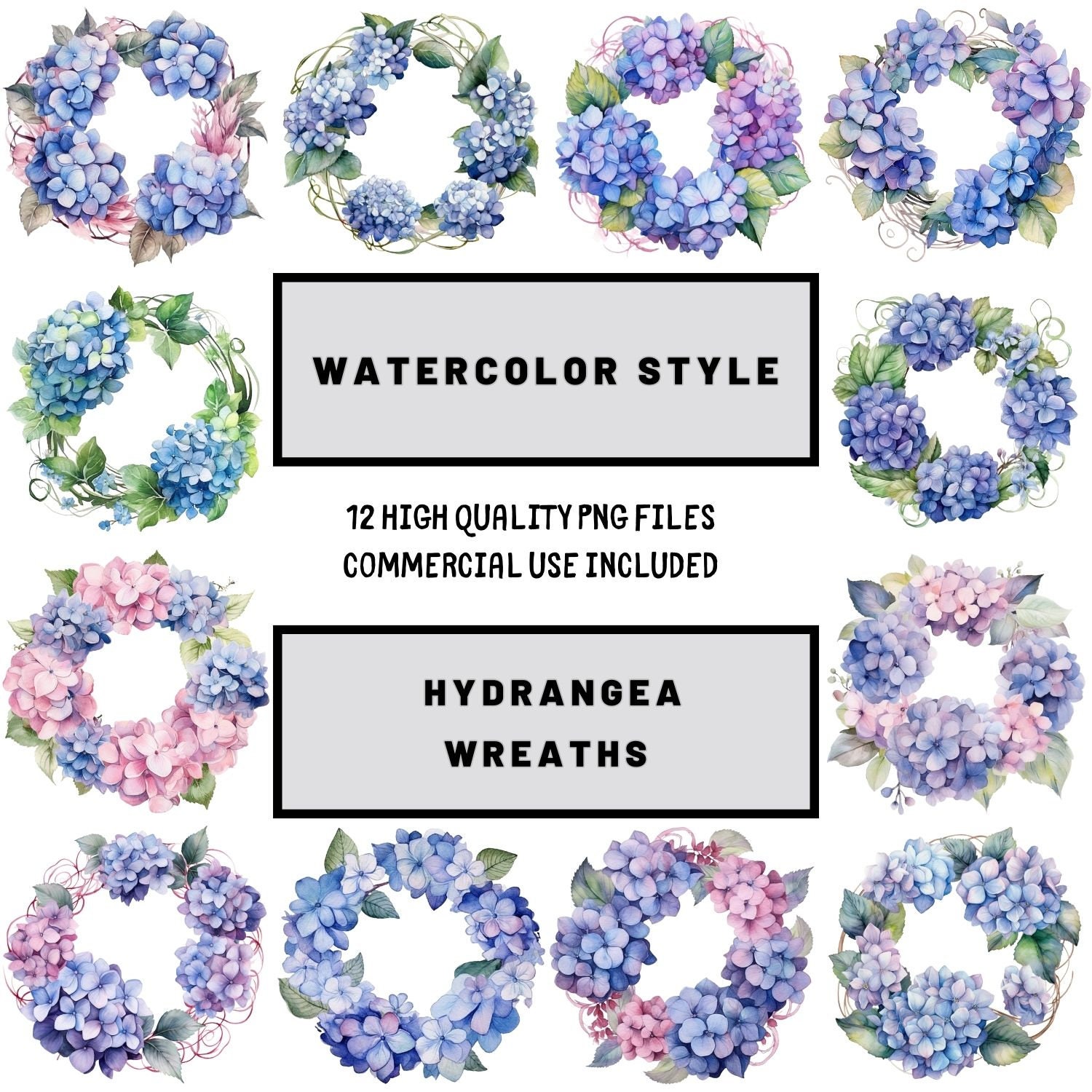 Watercolor Hydrangea Wreath Clipart Hydrangea Clipart - Etsy