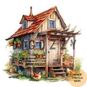 Watercolor Chicken Coop Clipart, Chicken Clipart, Watercolor Clipart ...