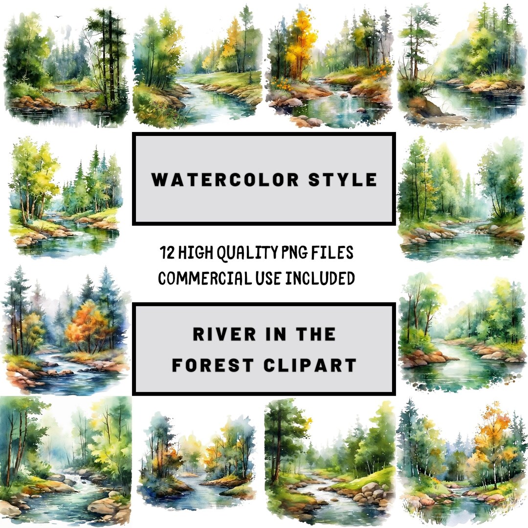 River in the Forest Clipart Watercolor Clipart Forest - Etsy