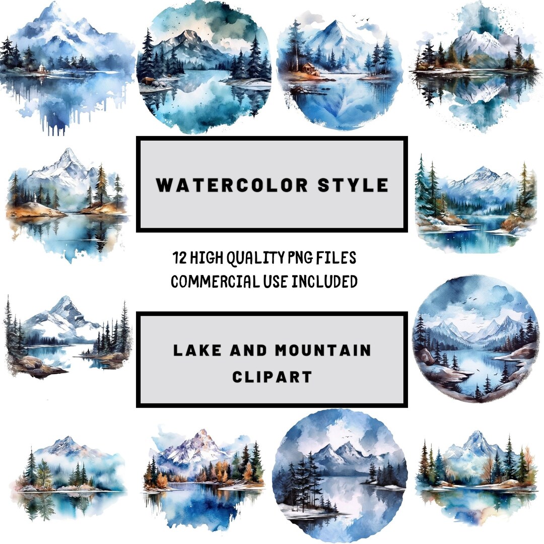 Mountain and Lake Clipart, Landscape Clipart, Watercolor Clipart, Lake ...