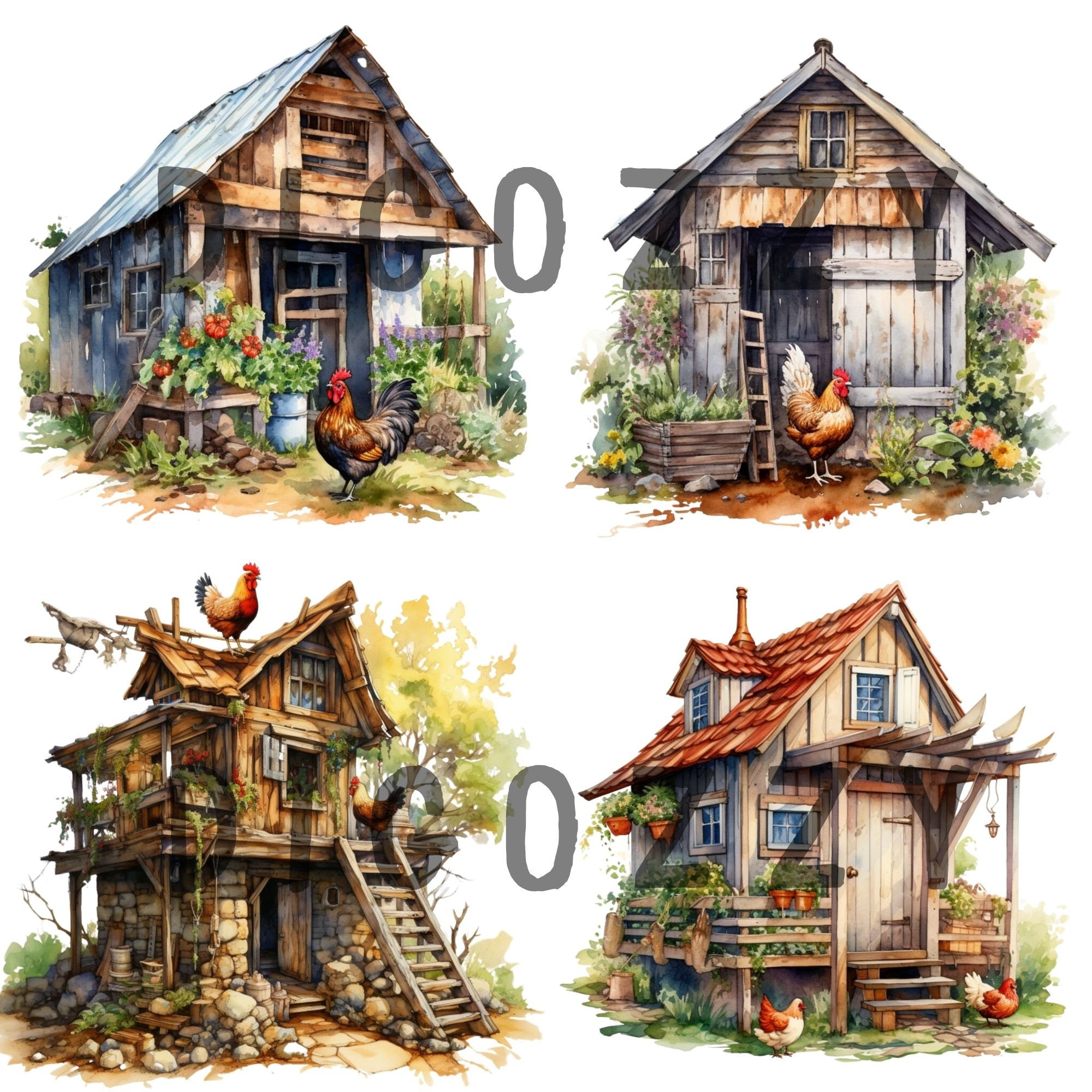 Watercolor Chicken Coop Clipart Chicken Clipart Watercolor - Etsy