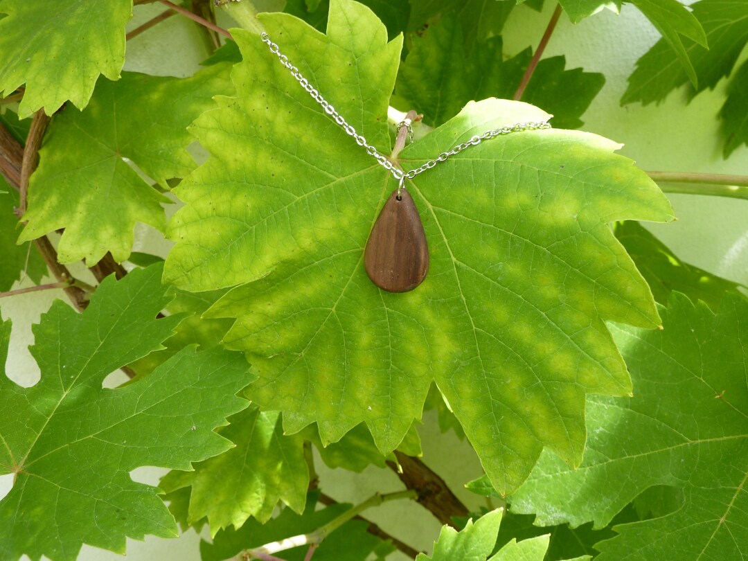 Necklace Made of Walnut Wood Drop Shape, Fine Silver Curb Chain or ...