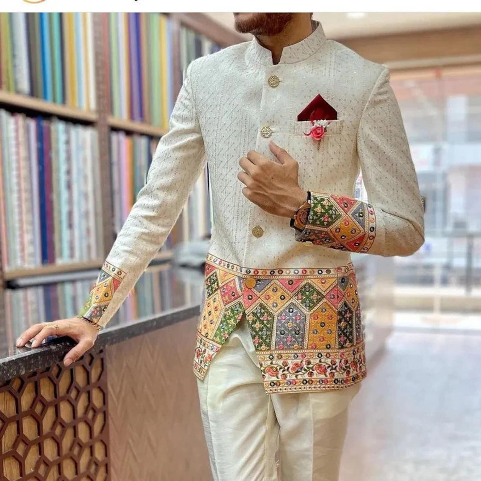 Modern Men Ethnic Wear Custom Ivory Suit for Men, Bespoke Ivory ...
