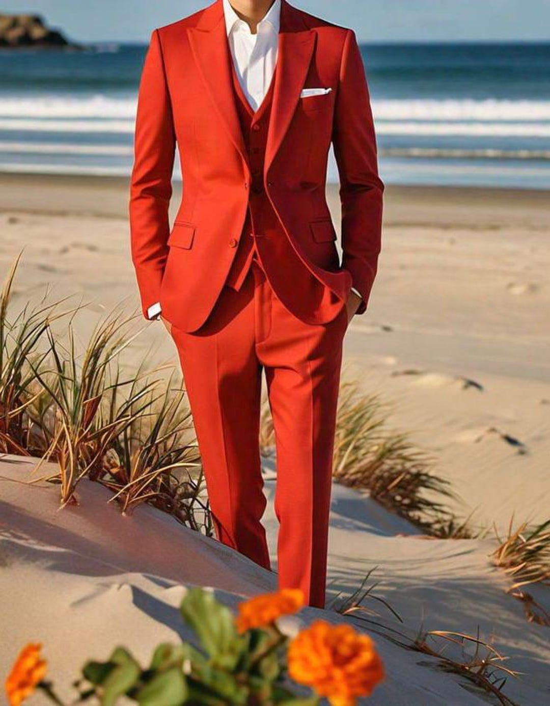 Men's Red 3-piece Suit Wedding, Formal & Business Peak Lapel, Slim Fit ...