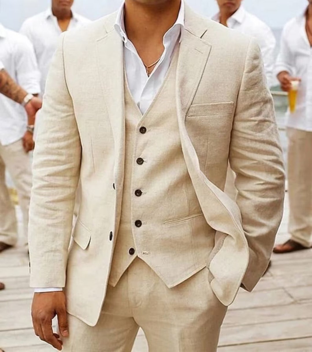 Ivory Linen Suit Set for Men | 3-piece Grooms Wear | Men's Dinner Suit ...