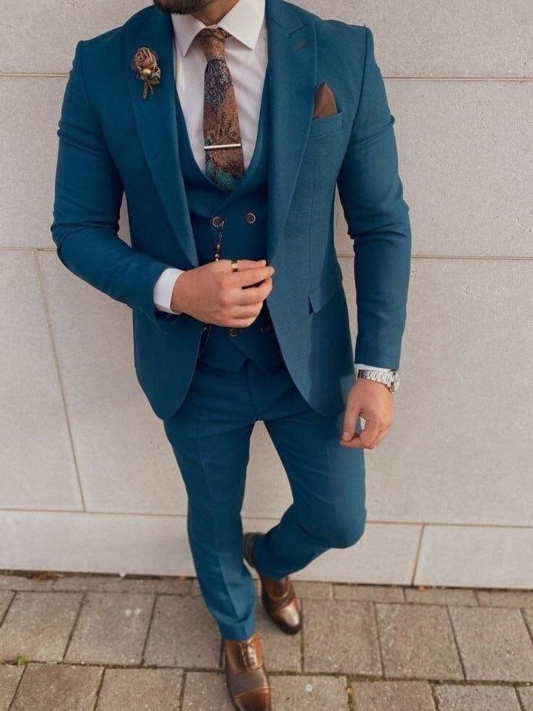 Men's SUITS TEAL Blue 3 Piece Formal Fashion Party Wear Gift for Men ...