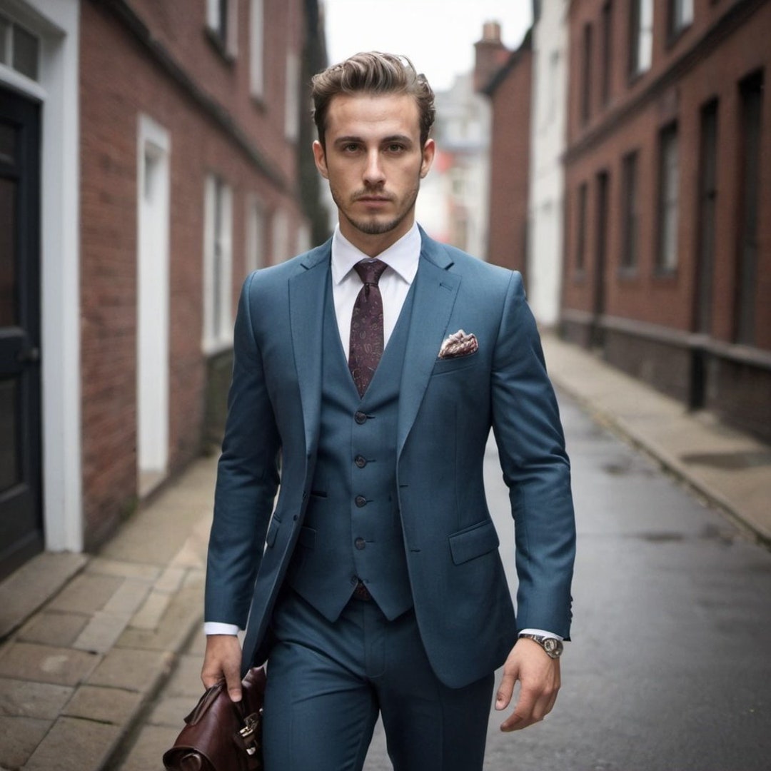 Men's Blue Three-piece Suit Business Formal Suit Wedding Dinner Party ...