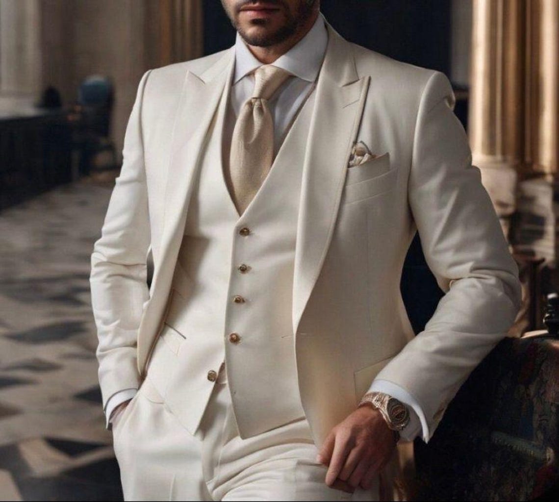 Elegant Off-white 3-piece Suit Wedding, Formal & Business Peak Lapel ...