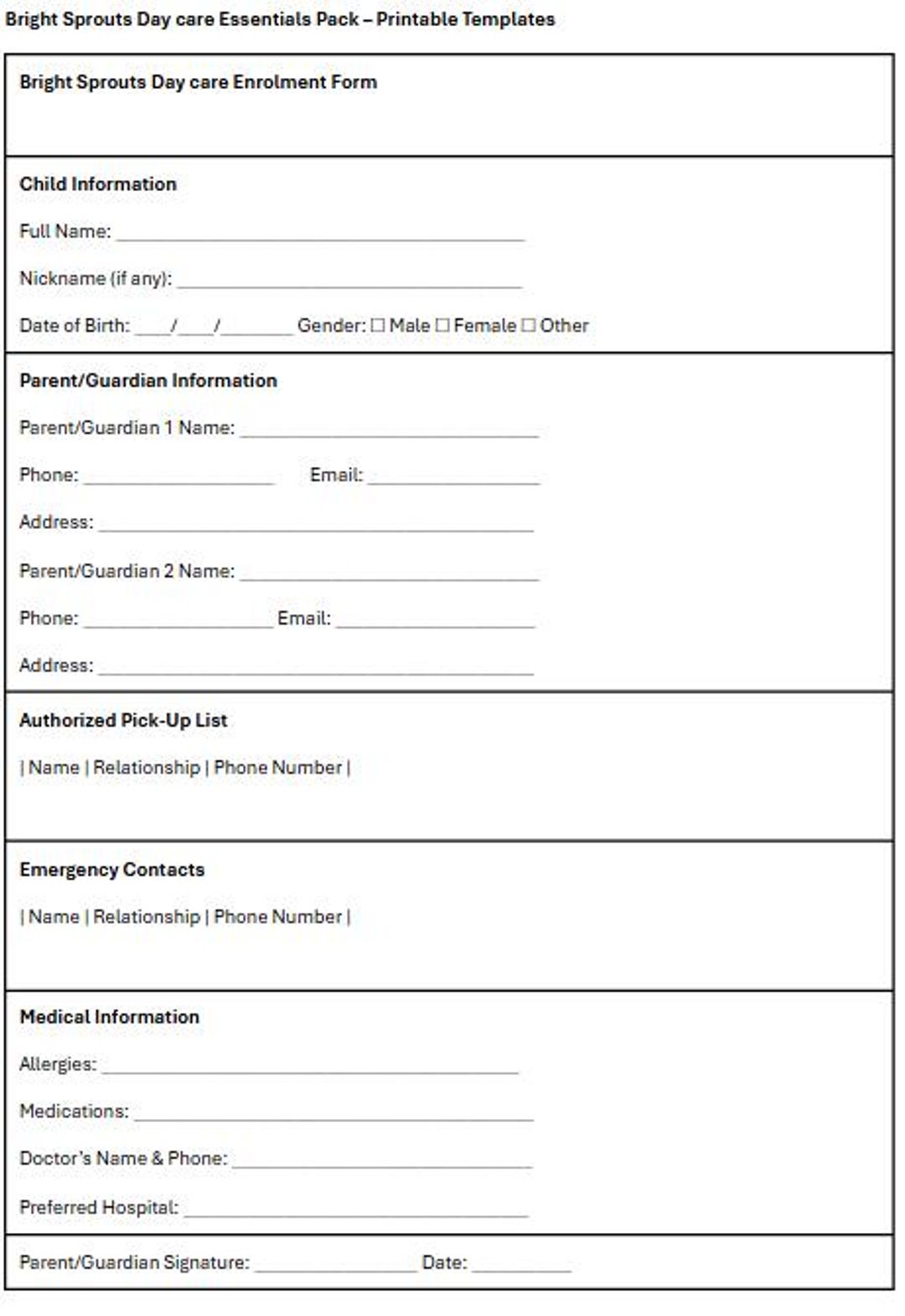 Editable Daycare Forms & Templates | Enrollment Form, Daily Reports ...