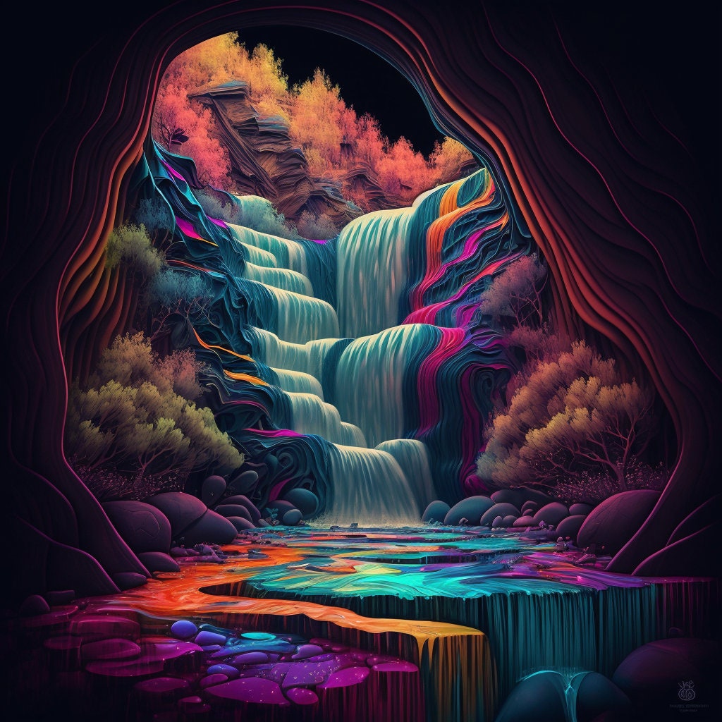 Psychedelic Rainbow Waterfall Painting - Color Wall Art Prints - HQ ...