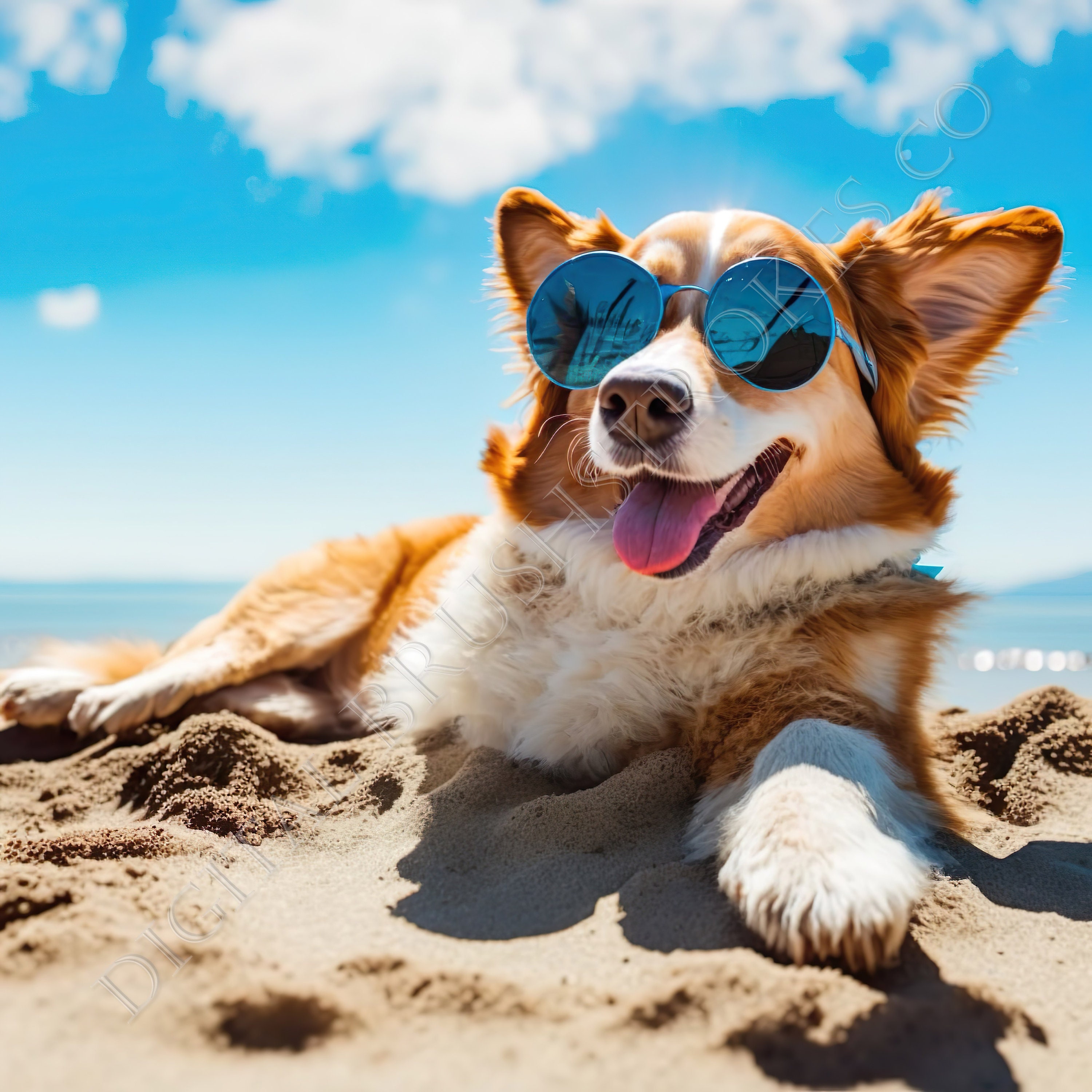 Sunbathing Dog at the Beach Printable Wall Art Pet Portrait DIGITAL ...
