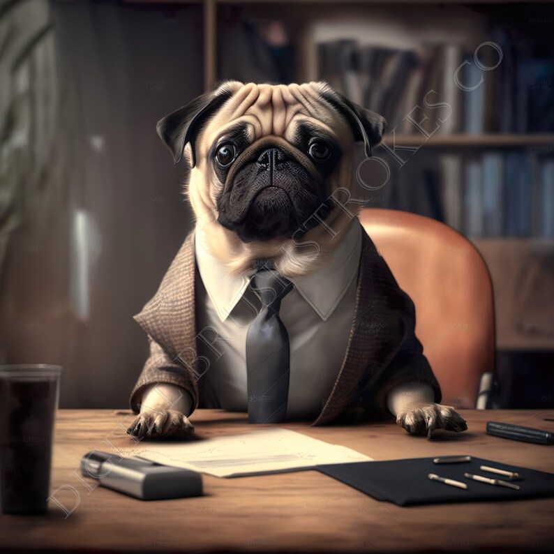 Frank the Office Pug - Printable Dog Wall Art - Pet Portrait - Office ...