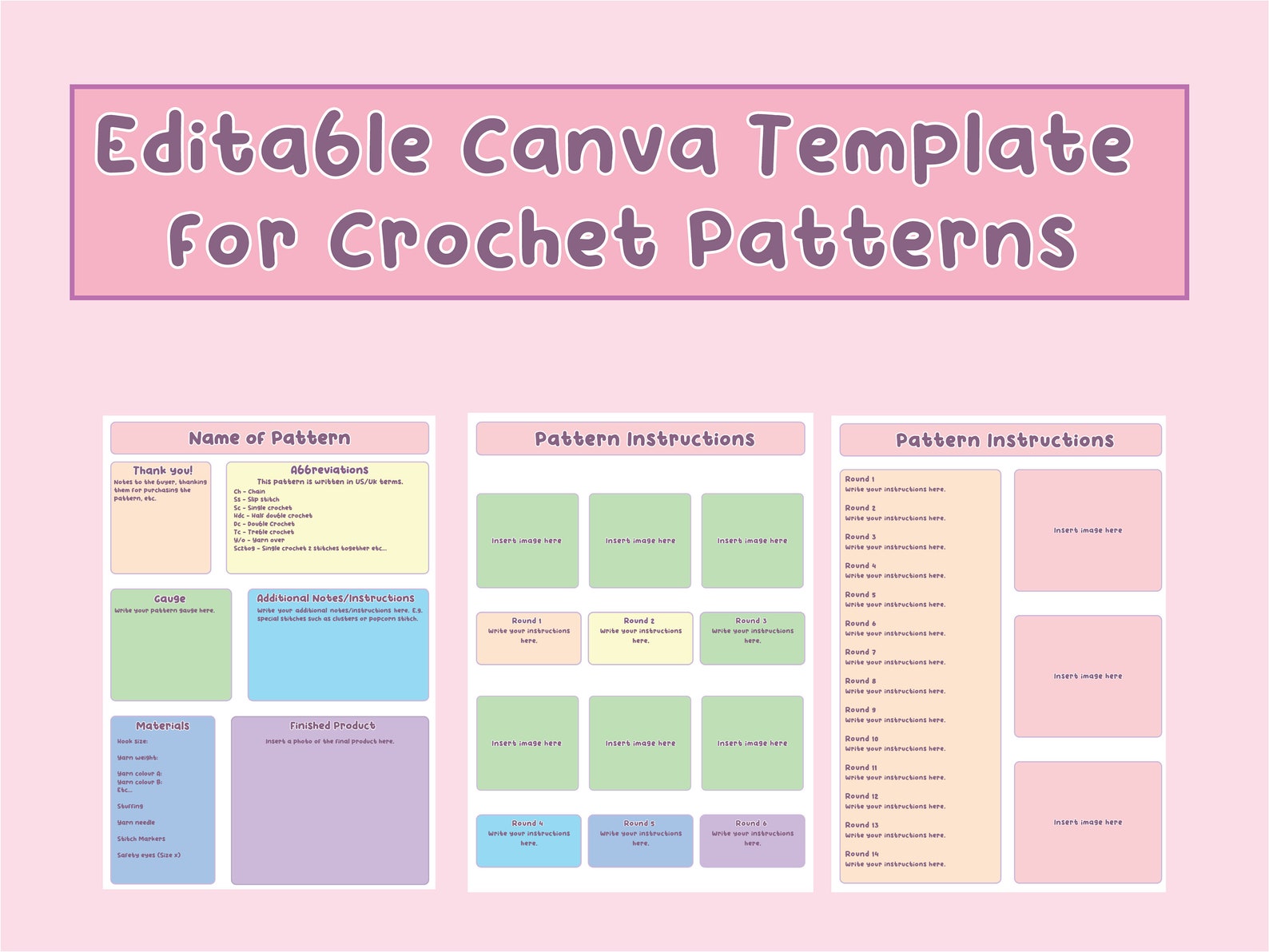 Editable Canva Crochet Pattern TEMPLATE, Pastel Theme, Crochet Knitting ...