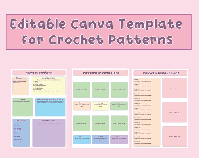 Editable Canva Crochet Pattern TEMPLATE, Pastel Theme, Crochet Knitting Patterns, Mockup ...