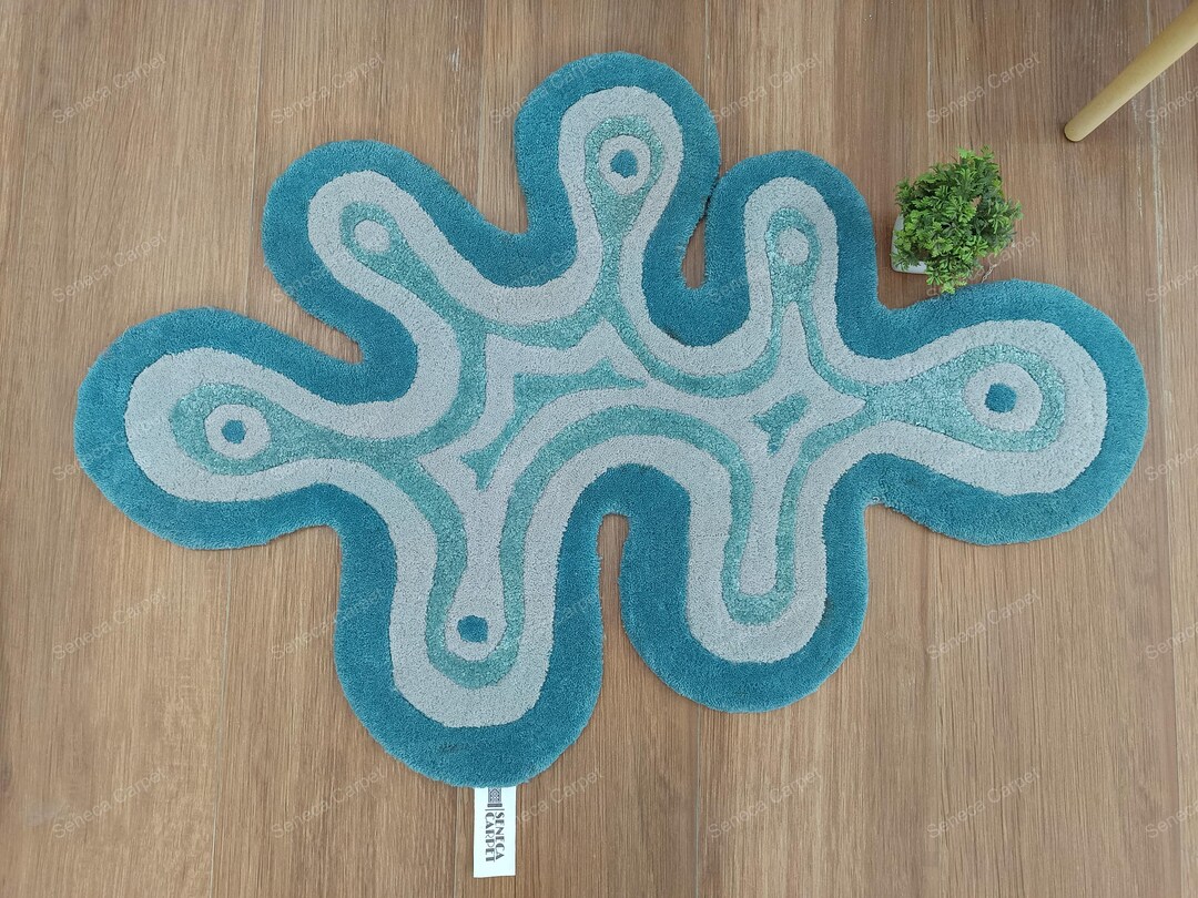 Amoeba Irregular Shaped Tufted Wool and Silk Rug in Ocean Blue Beige ...