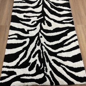Black and White Modern Shaggy Zebra Print Plush Rug, Handmade, Shaggy ...