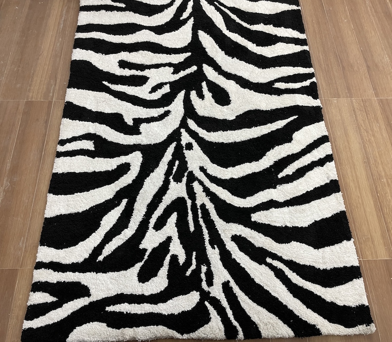 Black and White Modern Shaggy Zebra Print Plush Rug, Handmade, Shaggy ...