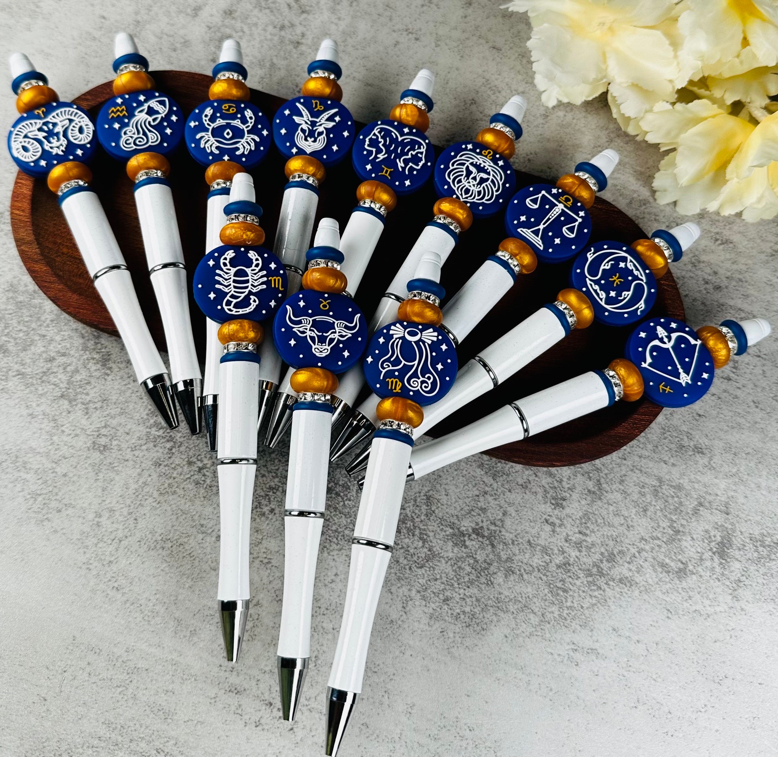 White Zodiac Custom Beaded Pen, Astrology Ballpoint Pen, Custom ...