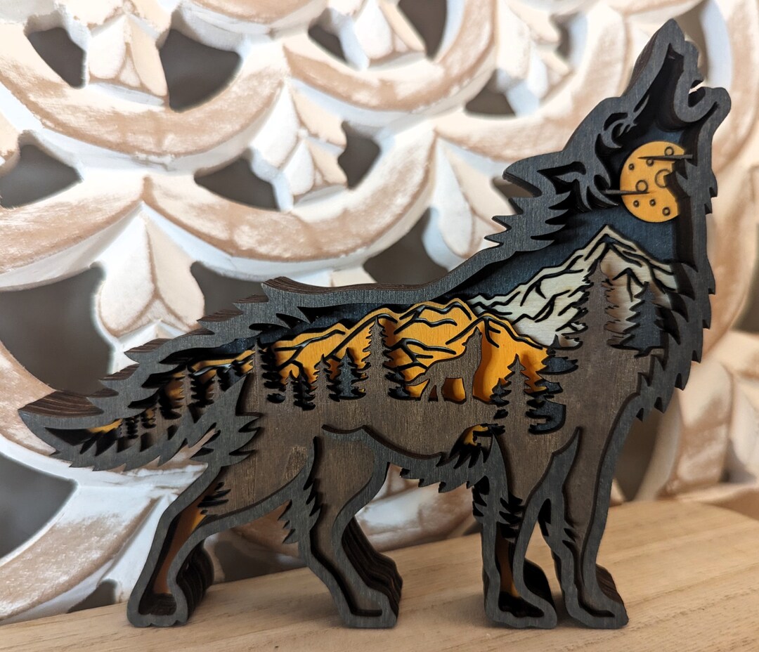 Wolf - Engraved Lasercut Multi-layer Wood - Etsy