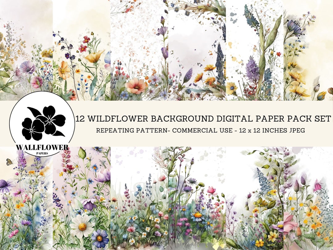 Wildflower Background Digital Papers, Watercolor Wildflower, Watercolor ...