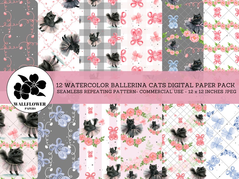 Watercolor Ballerina Cats Seamless Digital Papers, Ballerina Kitten ...