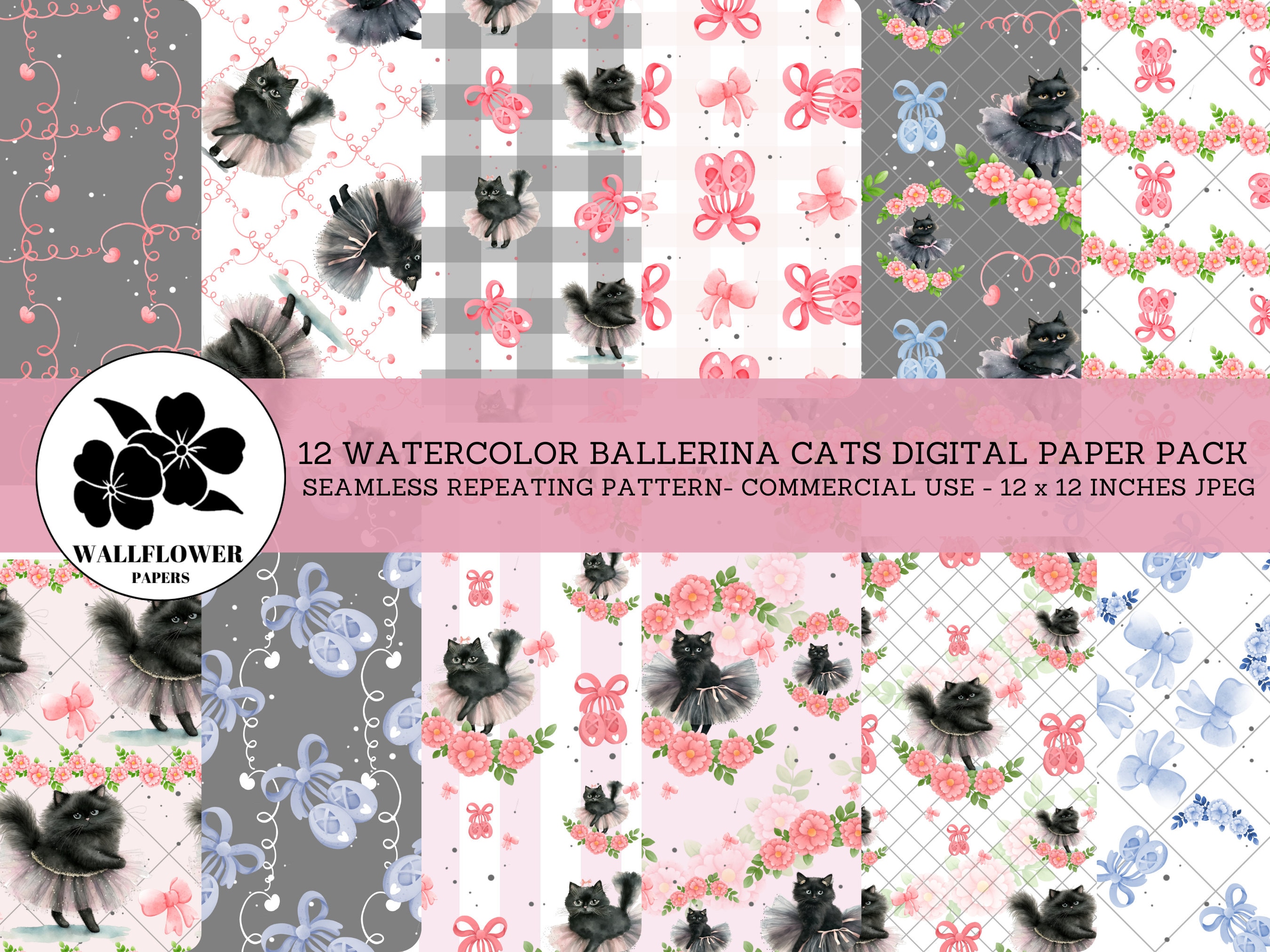 Watercolor Ballerina Cats Seamless Digital Papers, Ballerina Kitten ...