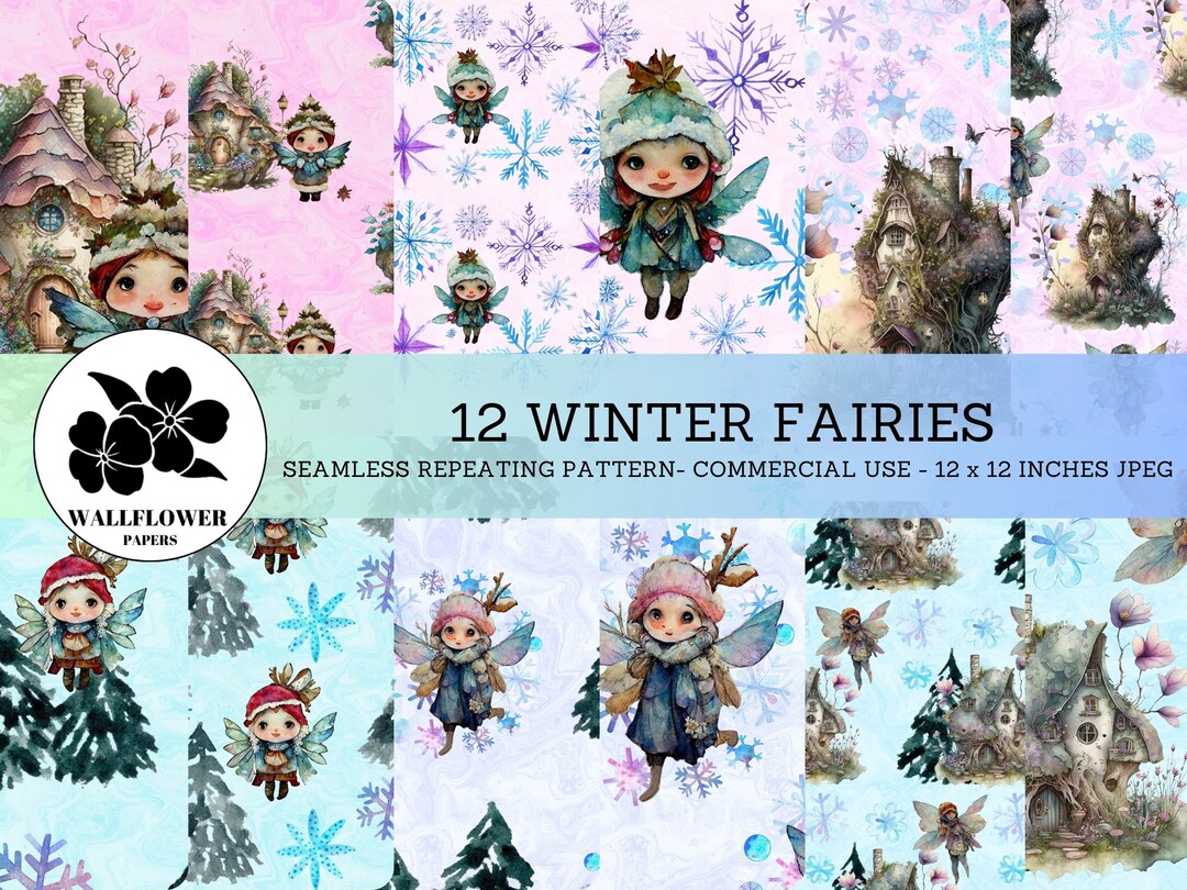 Magical Fairies Seamless Digital Papers, Winter Fairies, Snowflakes ...