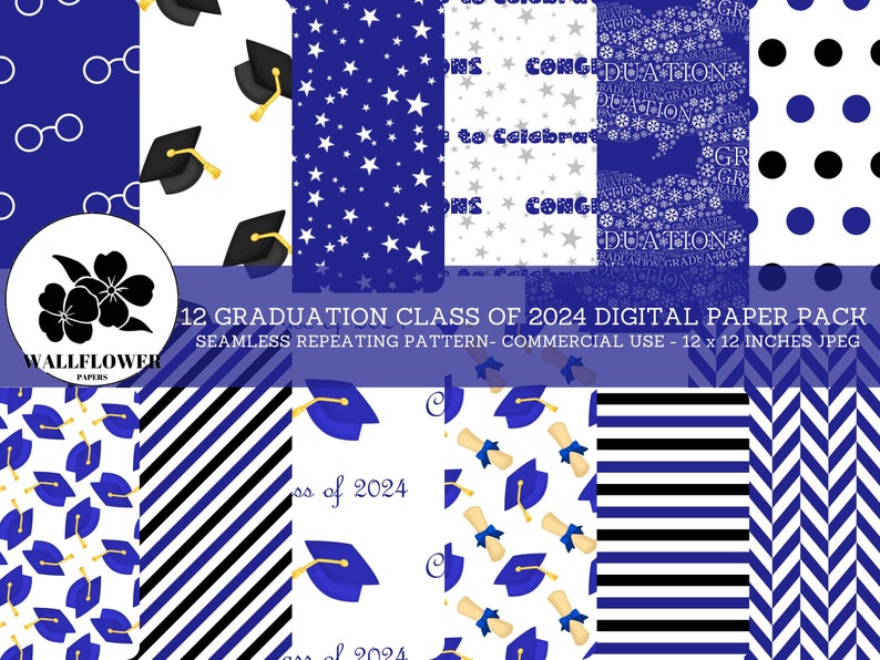 Class of 2024 Graduation Seamless Digital Papers, Navy Blue and Gold ...