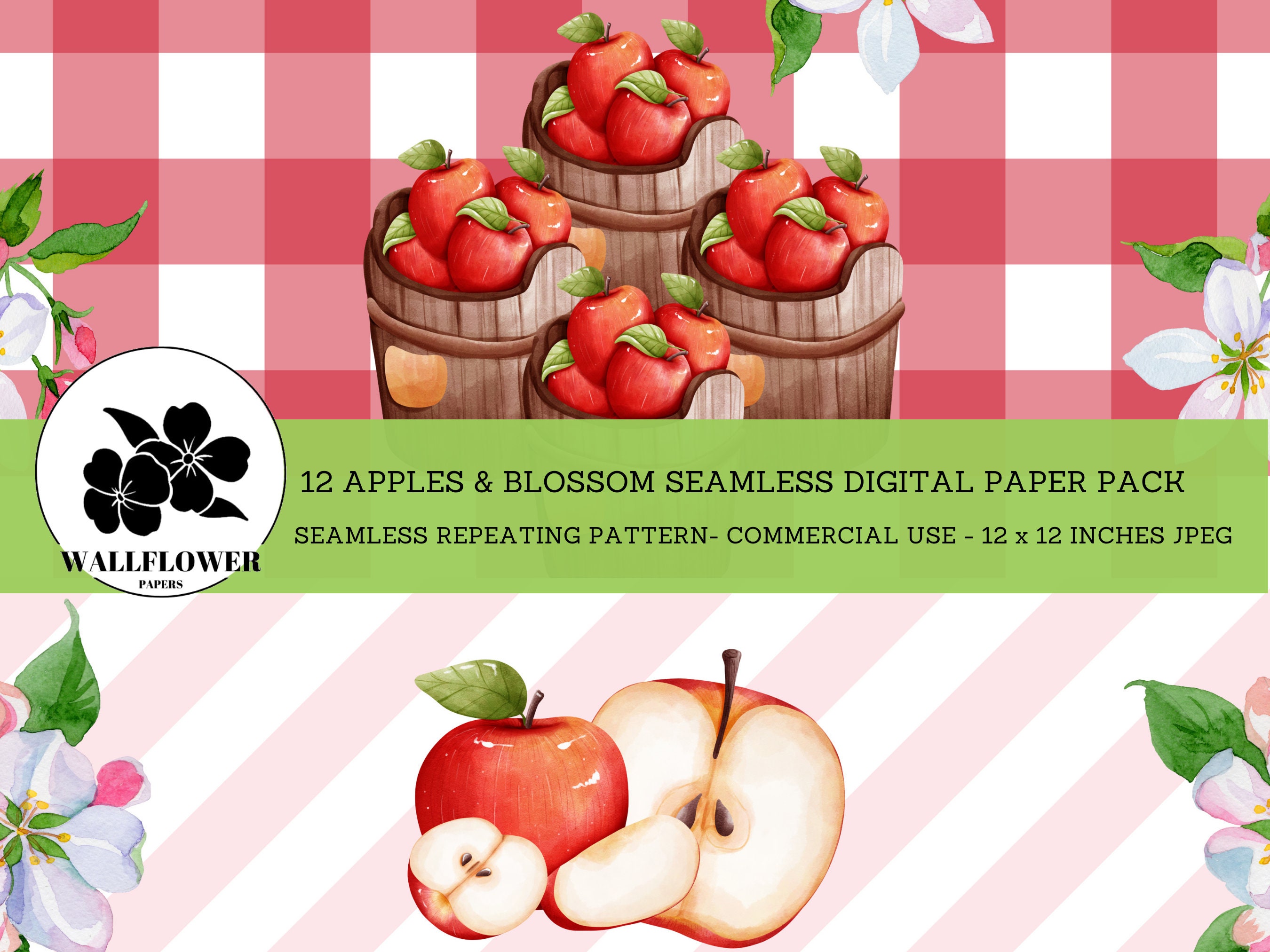 Apples & Blossom Digital Papers, Apple Cuts and Blossoms, Green ...