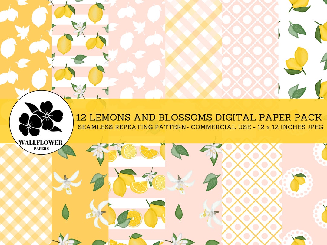 Lemons & Blossom Digital Papers, Lemon Cuts and Blossoms, Yellow and ...