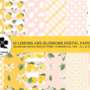 Lemons & Blossom Digital Papers, Lemon Cuts and Blossoms, Yellow and ...