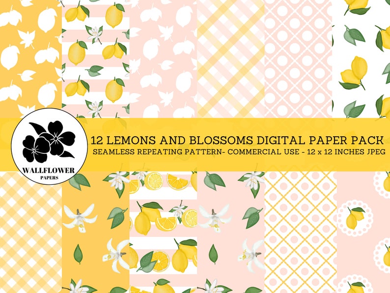 Lemons & Blossom Digital Papers, Lemon Cuts and Blossoms, Yellow and ...