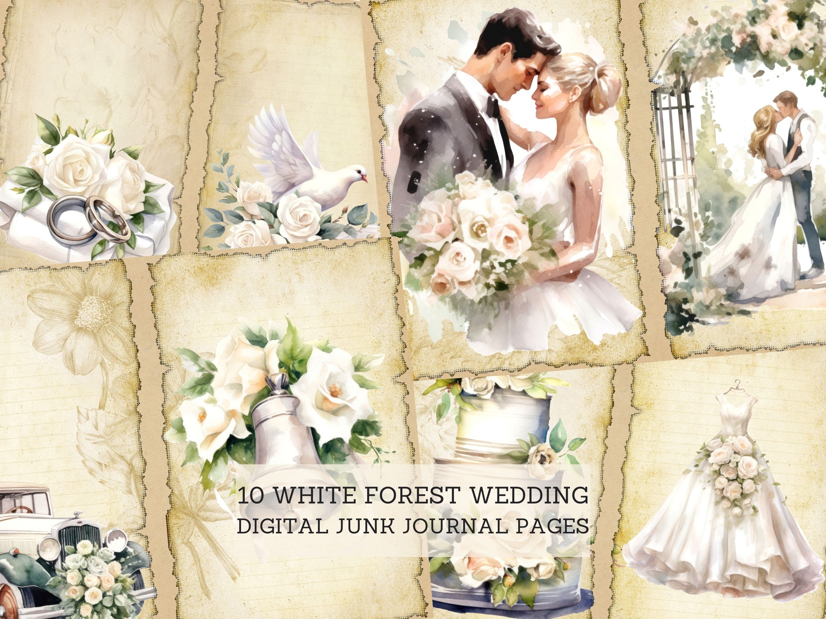 White Forest Wedding Junk Journal Pages, White Wedding Junk Journal Kit ...