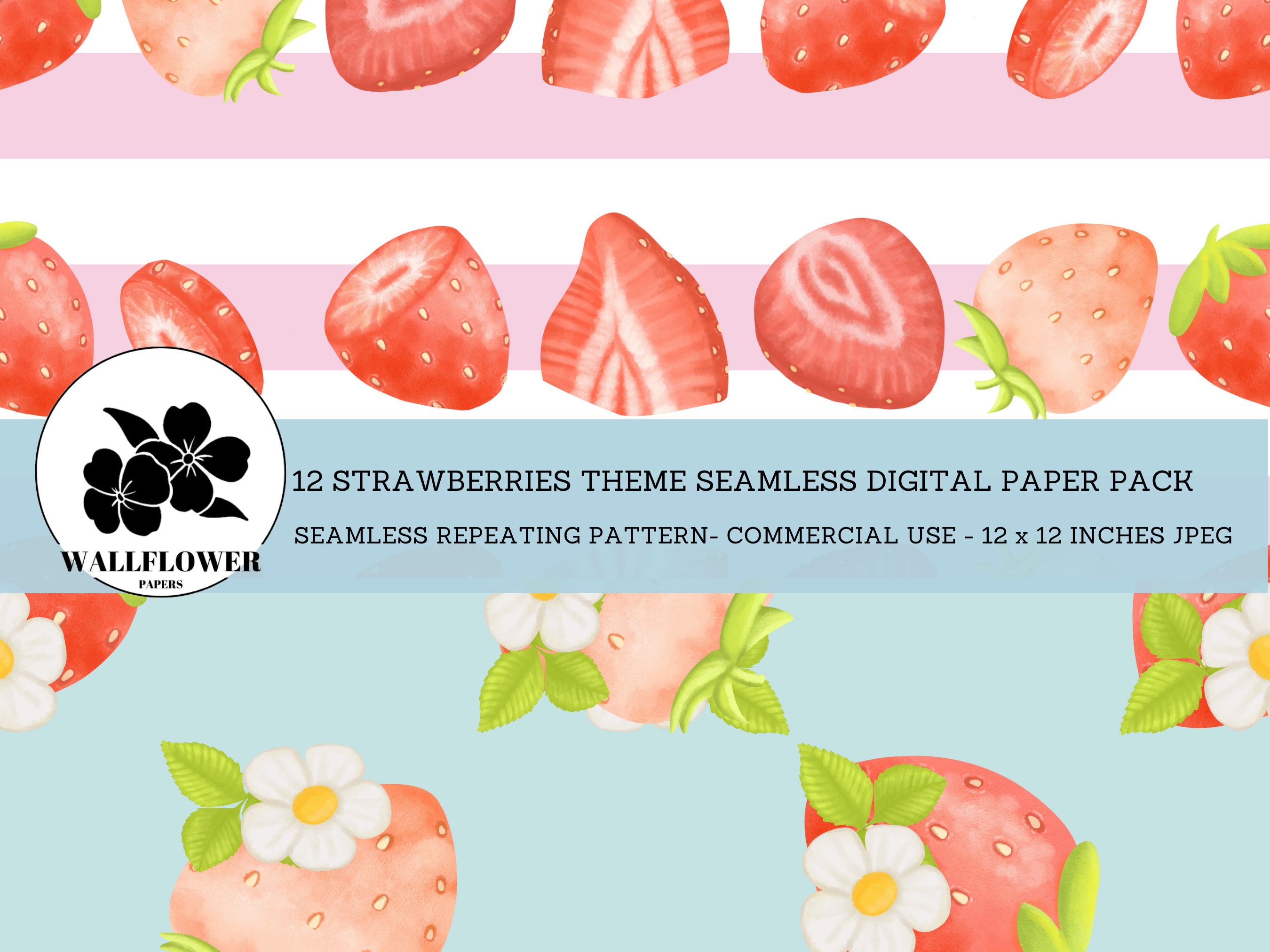 Strawberries Theme Digital Papers, Strawberry Fruit and Blossoms ...