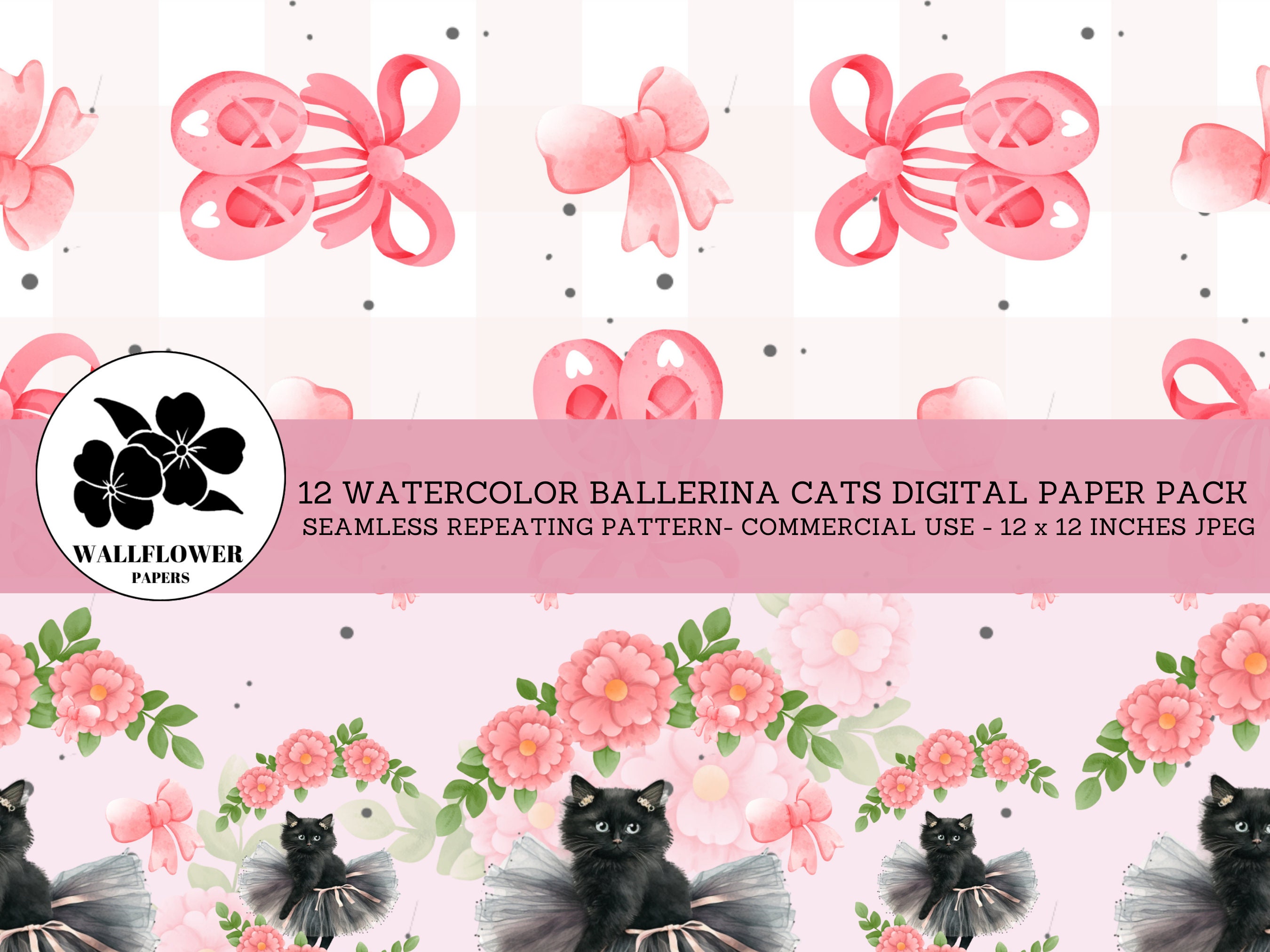 Watercolor Ballerina Cats Seamless Digital Papers, Ballerina Kitten ...